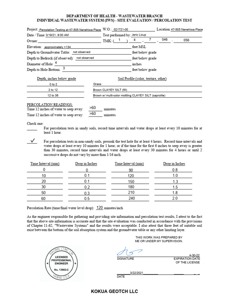 Percolation Test Report for IWS Evaluation | PDF