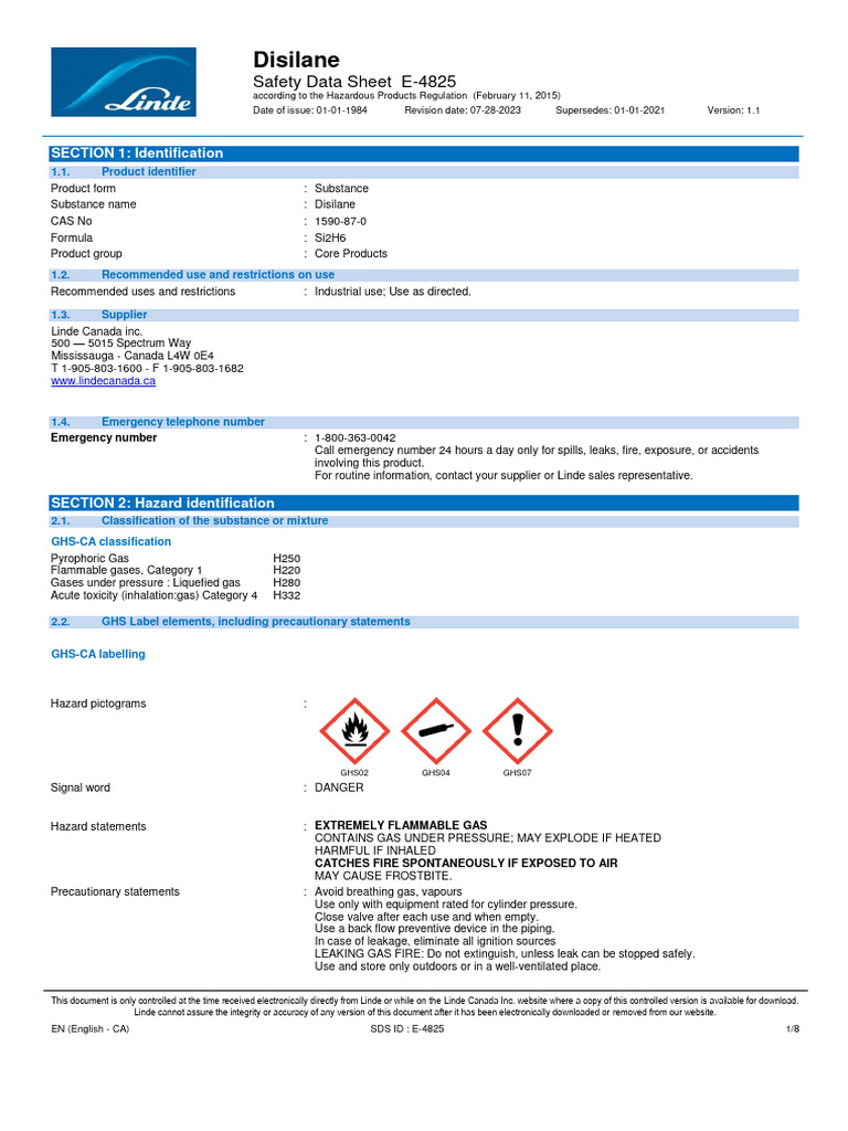 Disilane: Safety Data Sheet E-4825 | PDF