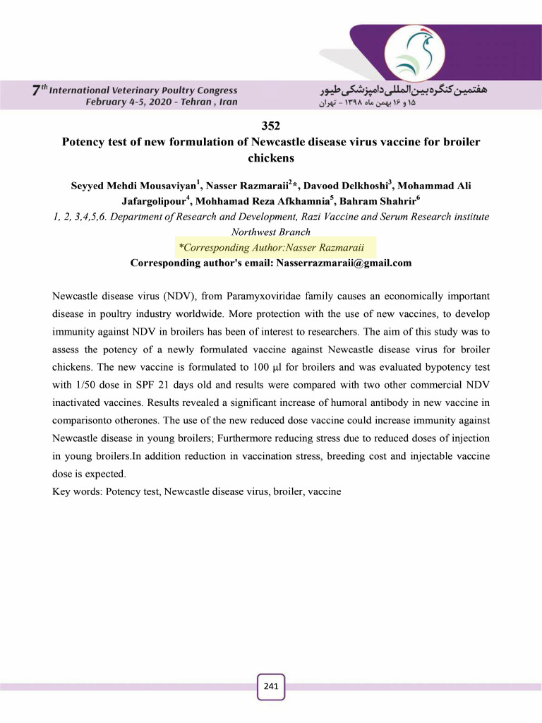 Potency Test of New Formulation of Newcastle Disease Virus Vaccine For ...