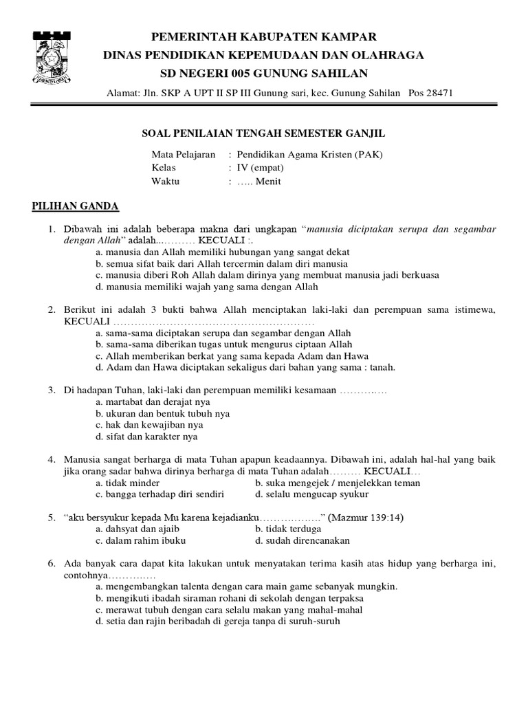 Soal Mid Semester Ganjil Pak SDN 005 Kelas 4 | PDF