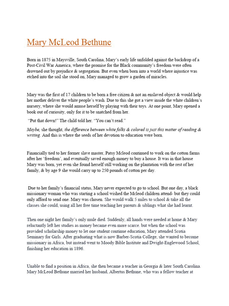 Mary McLeod Bethune | PDF | African Diaspora | Society Of The United States