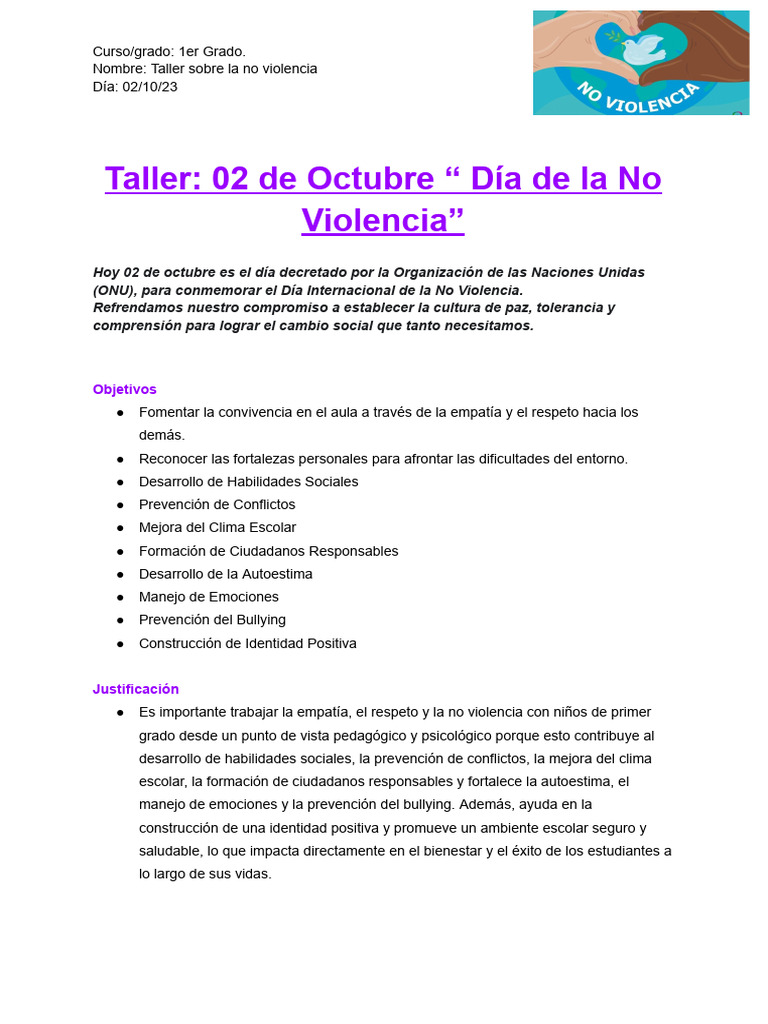 Taller - 02 de Octubre " Día de La No Violencia" | PDF