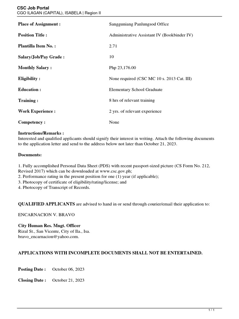 CGO ILAGAN CAPITAL ISABELA-Administrative Assistant IV Bookbinder IV | PDF