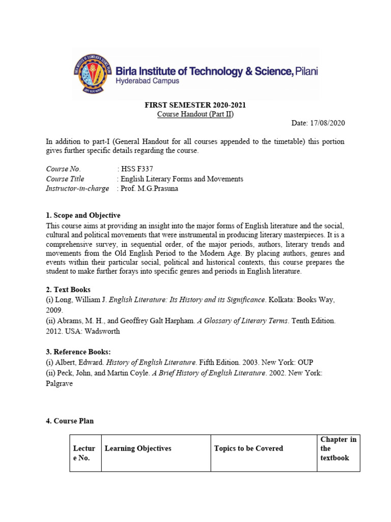 HSS F337 English Literary Forms and Movements First Semester 2020-21 - Handout 2 | PDF