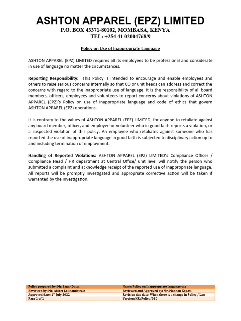 No. 010 - AS Use of Inappropriate Language Policy | PDF