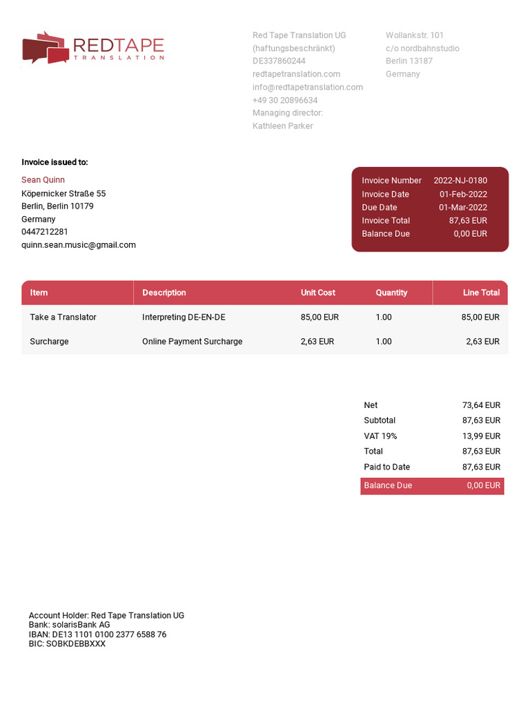 Invoice for Translation Services | PDF | Services (Economics ...