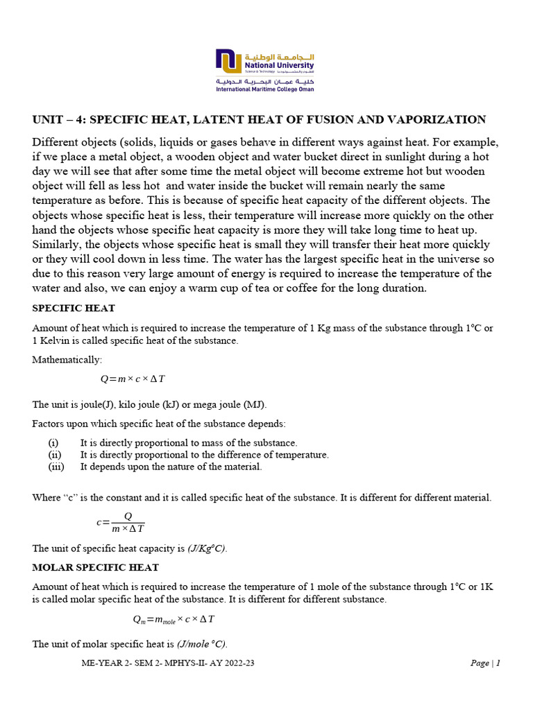 Unit-3 Specific Heat, Latent Heat of Fusion and Vaporization | PDF