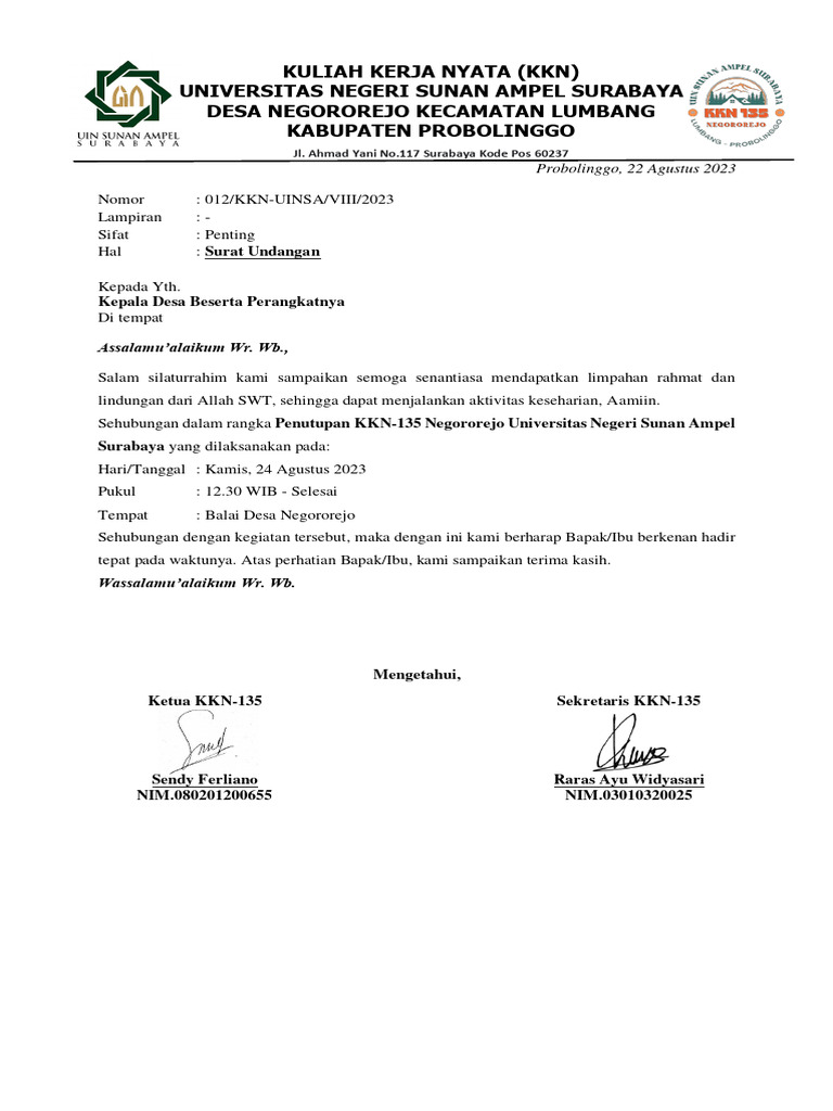 Surat Undangan Kepala Desa Beserta Perangkat Desa | PDF