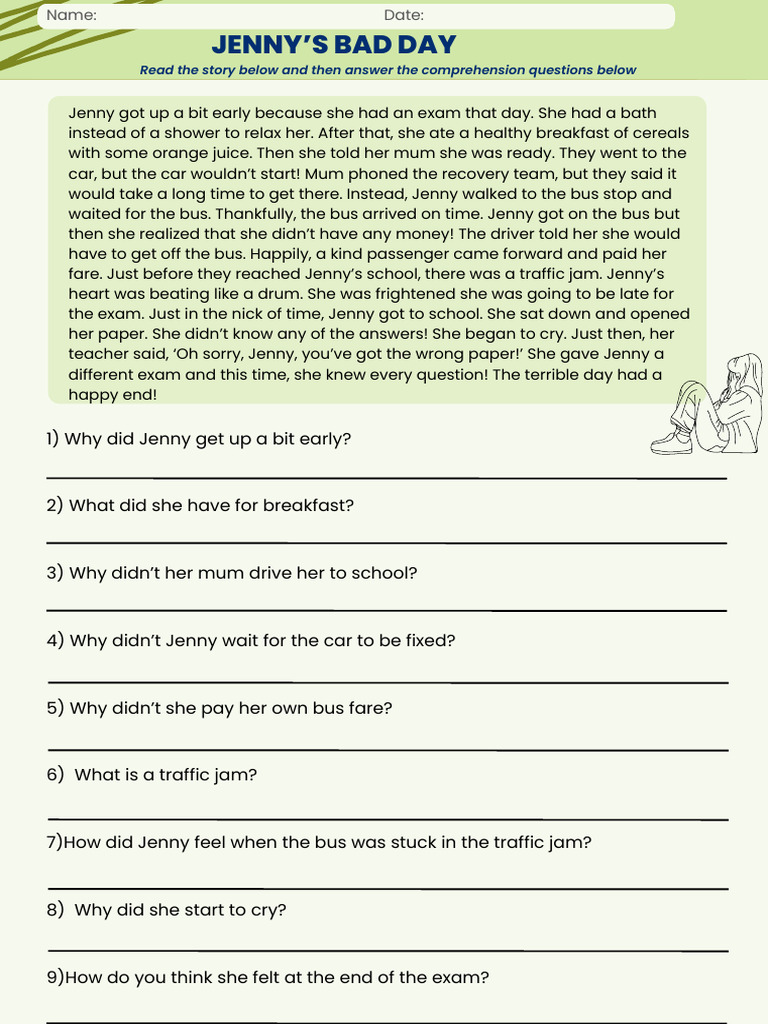 Green Blue English Reading Comprehension Worksheet | PDF