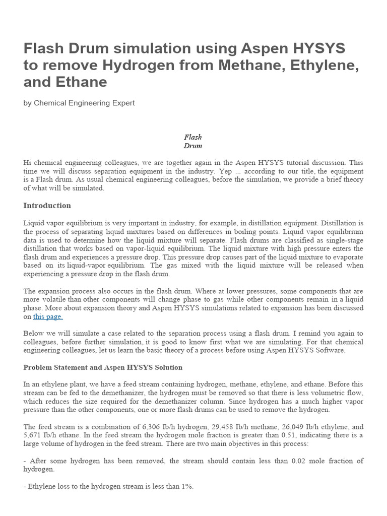 Flash Drum Simulation Using Aspen HYSYS To Remove Hydrogen From Methane | PDF
