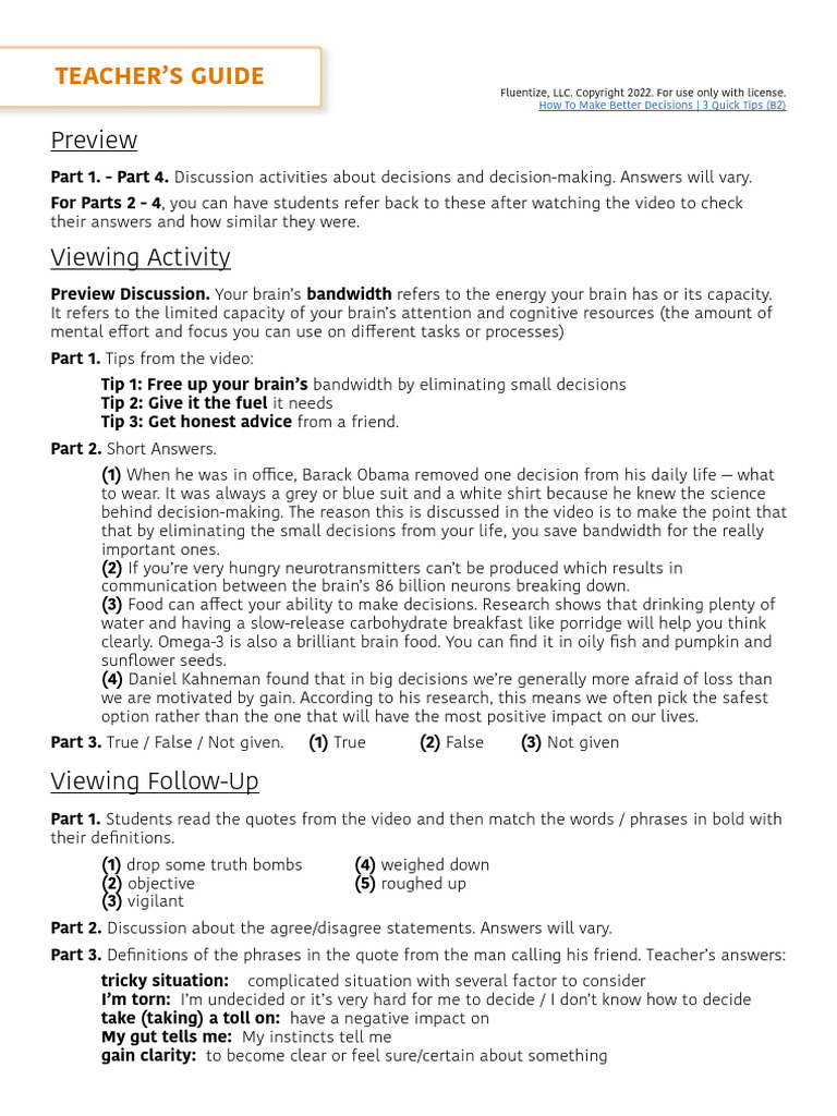 Howtomakebetterdecisions3quicktips Teacherguide | PDF | Self ...
