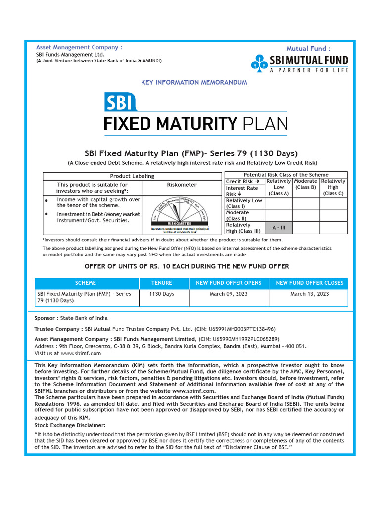 Kim Sbi Fixed Maturity Plan (FMP) Series 79 (1130 Days) | PDF ...