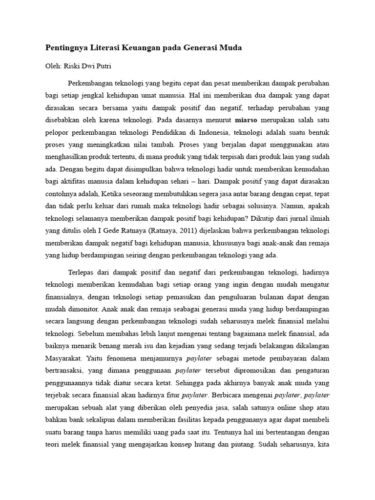 Opini: Pentingnya Literasi Keuangan Pada Generasi Muda | PDF