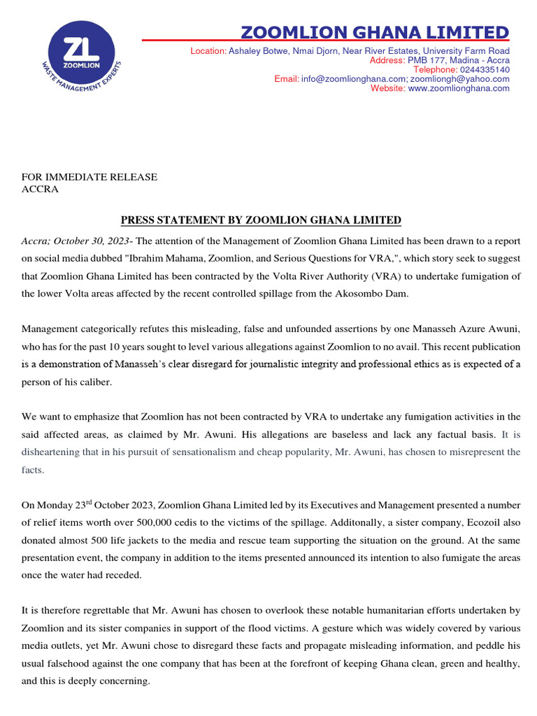 Press Statement by Zoomlion Ghana Limited New | PDF