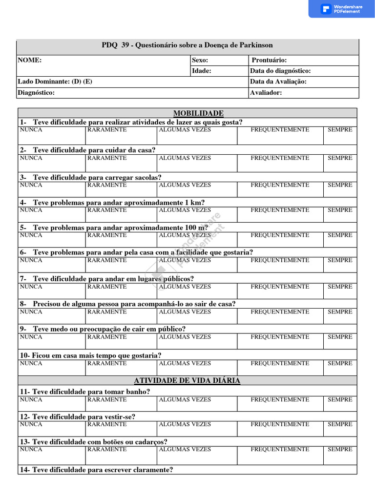 Questionário para Parkinson | Download grátis PDF | Mal de Parkinson