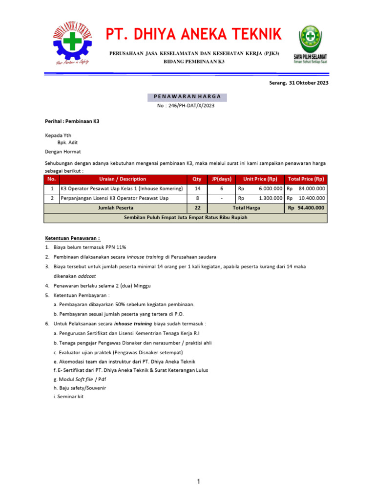 Penawaran Harga Inhouse Training Pesawat Uap | PDF