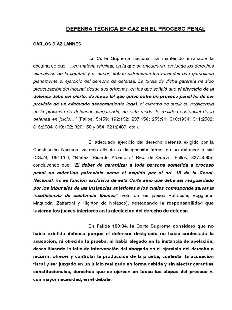 Defensa Técnica Eficaz en El Proceso Penal - Carlos Díaz Lannes | PDF ...