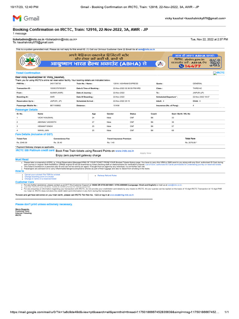 Gmail - Booking Confirmation On IRCTC, Train - 12916, 22-Nov-2022, 3A ...