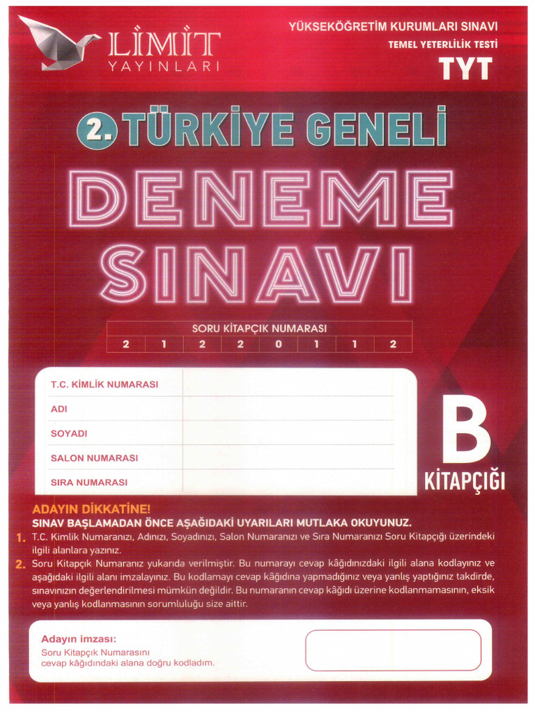 Limit Yayınları Türkiye Geneli - 2 TYT Deneme Sınavı | PDF