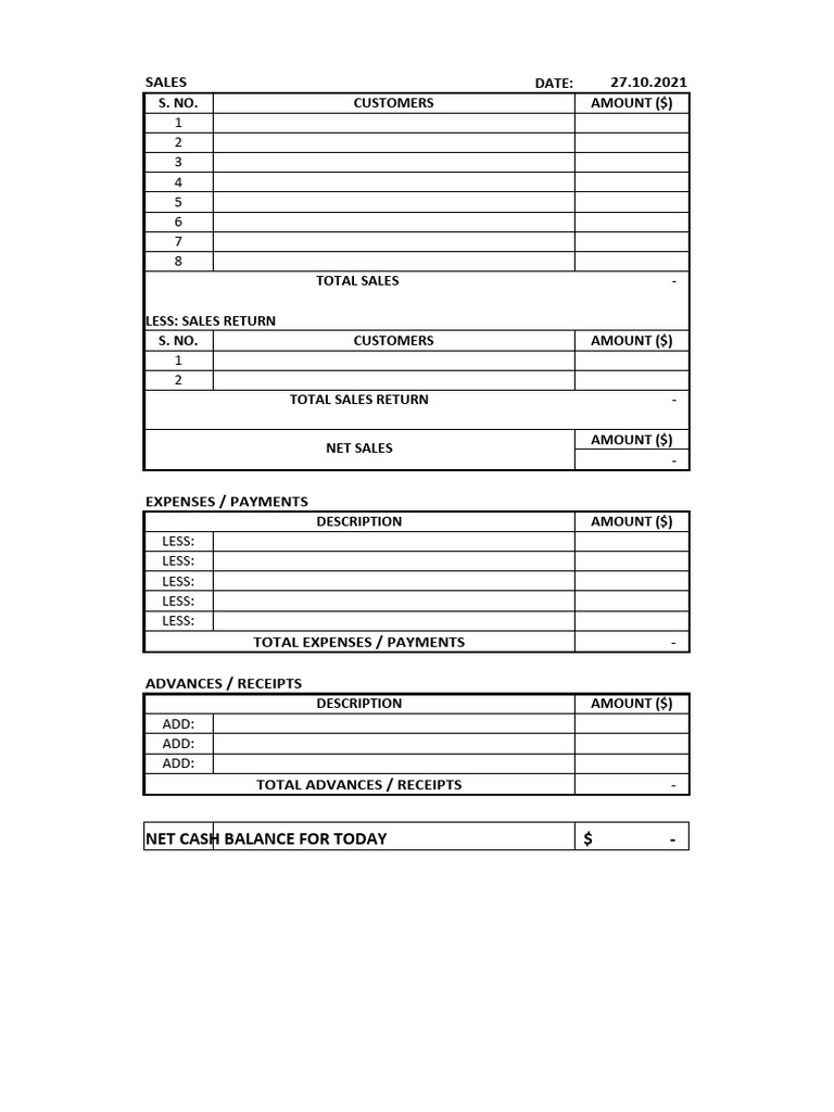 Daily Closing Sheet | PDF | Finance & Money Management