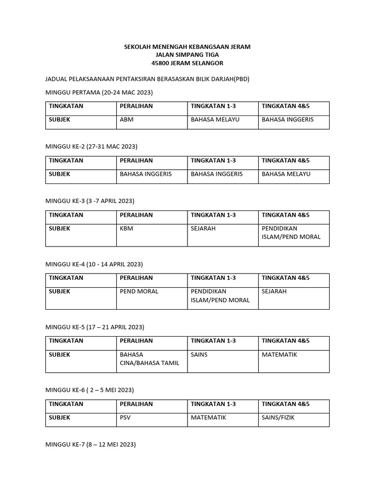 Jadual Pelaksaanaan Pentaksiran Berasaskan Bilik Darjah 2023 | PDF