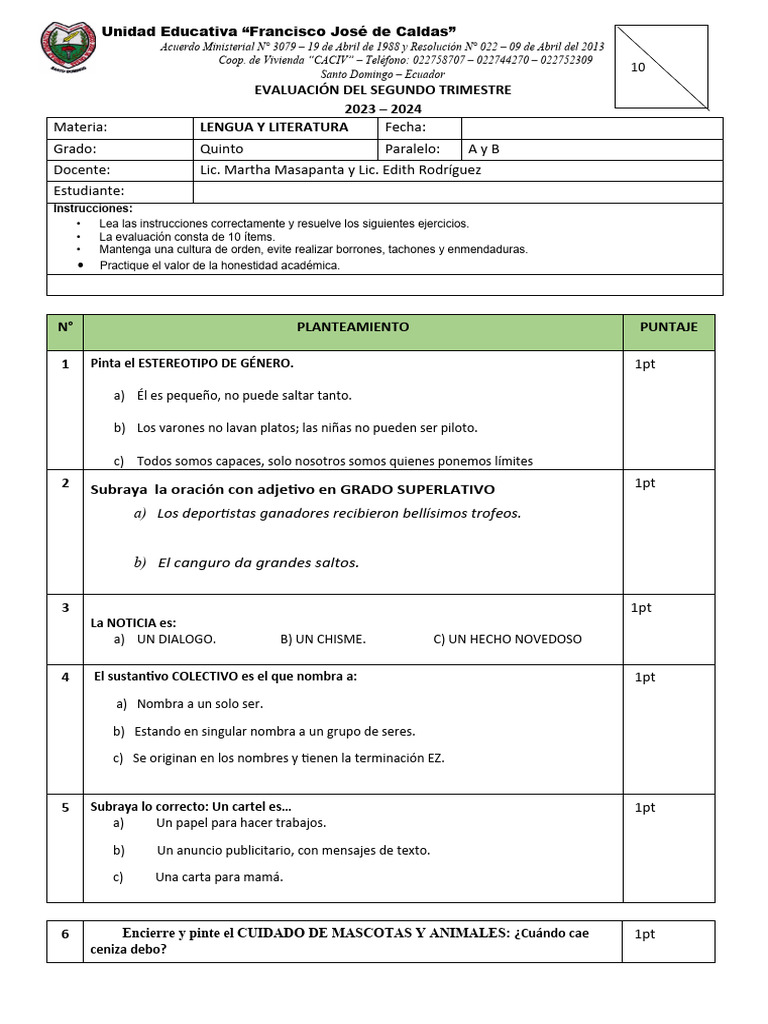 Eval 5to A y B Lenguaje 2do Trim. | PDF | Lingüística