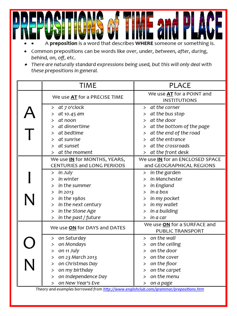 Prepositions of Time and Place Explained | PDF