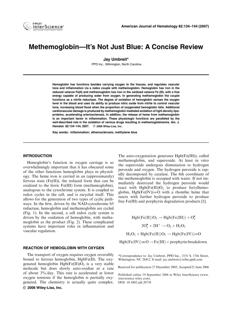American J Hematol - 2006 - Umbreit - Methemoglobin It S Not Just Blue ... American J Hematol - 2006 - Umbreit - Methemoglobin It S Not Just Blue ...