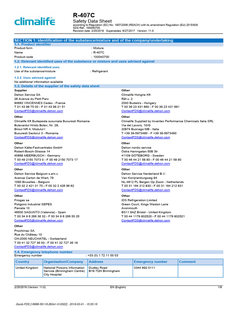 Refrigeran Data Sheet R407C | PDF | Firefighting | Dangerous Goods