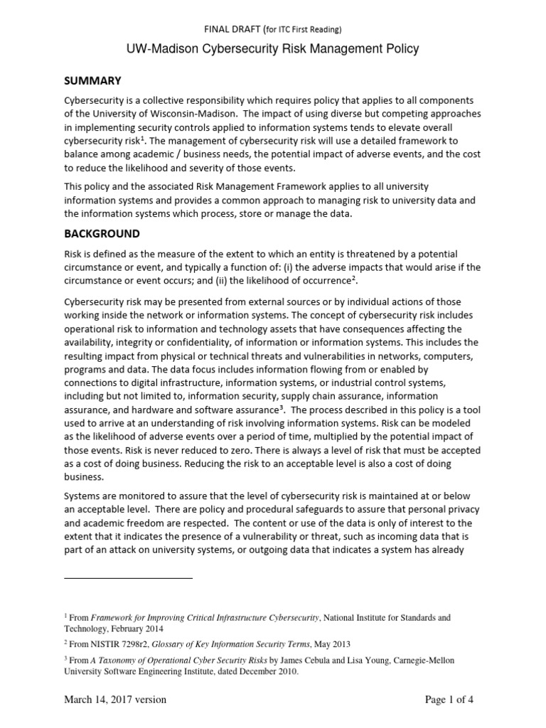Cybersecurity Risk Management Policy 2017 03 14 - Final For ITC First ...
