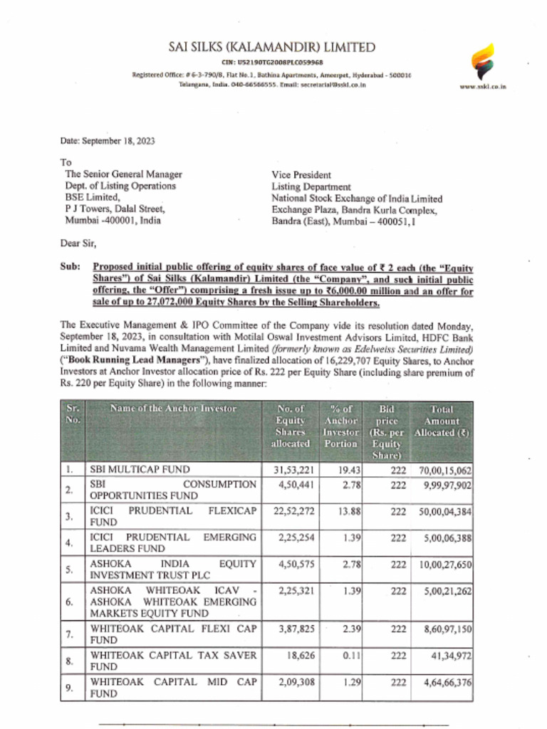 Anchor Stock Exchange Intimation | PDF