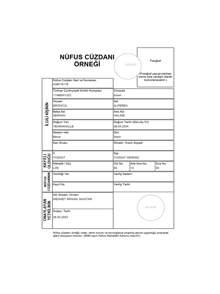 Nufus Cuzdan Ornegi 11596041322 | PDF