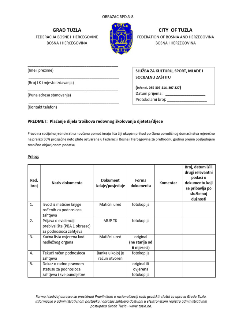 OBRAZAC Placanje Dijela Troskova Redovnog Skolovanja Djeteta Djece | PDF