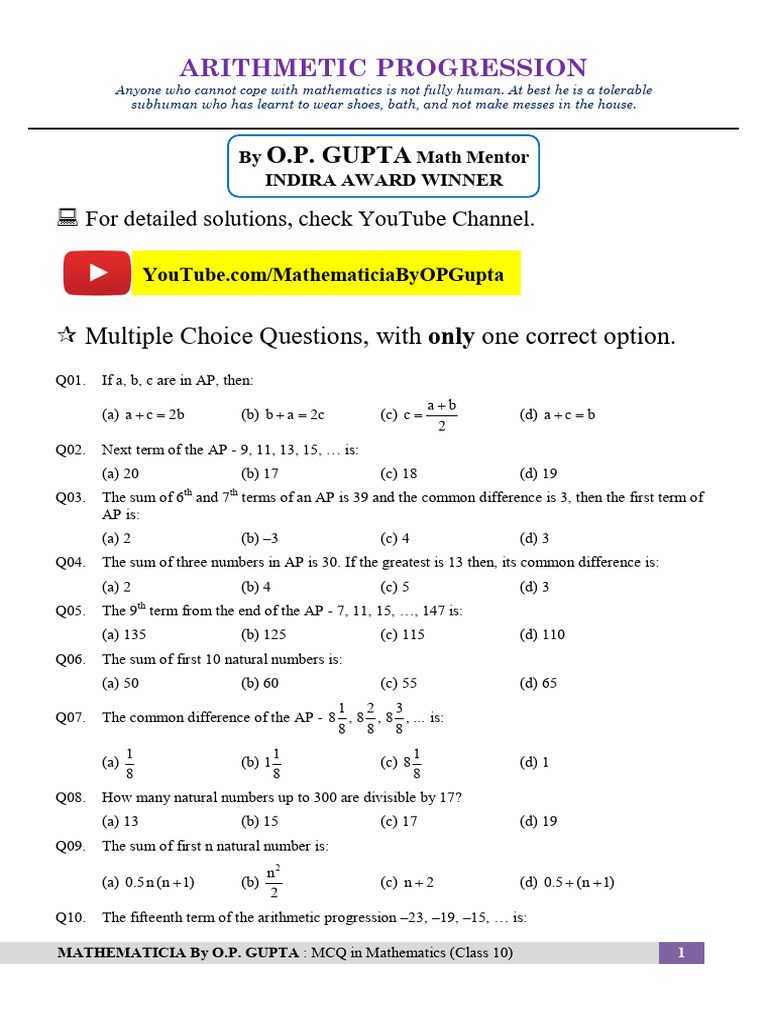 AP Practice MCQs for Class 10 | PDF | Mathematics | Arithmetic