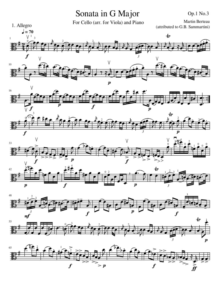 Cello Sonata in G Major - Berteau Sammartini - Allegro N1 - Arr. For Viola | PDF | Musical ...