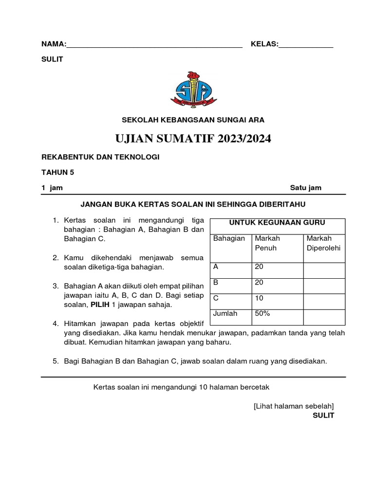 Soalan RBT Tahun 5 Sksa | PDF