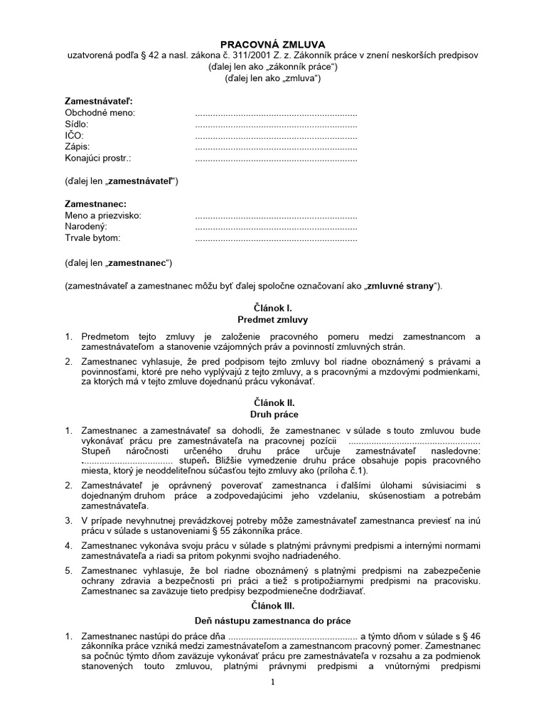 Pracovna Zmluva Profesia Vzor | PDF