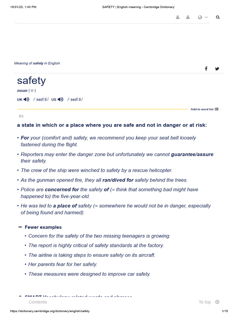 SAFETY - English Meaning - Cambridge Dictionary | PDF | Safety ...