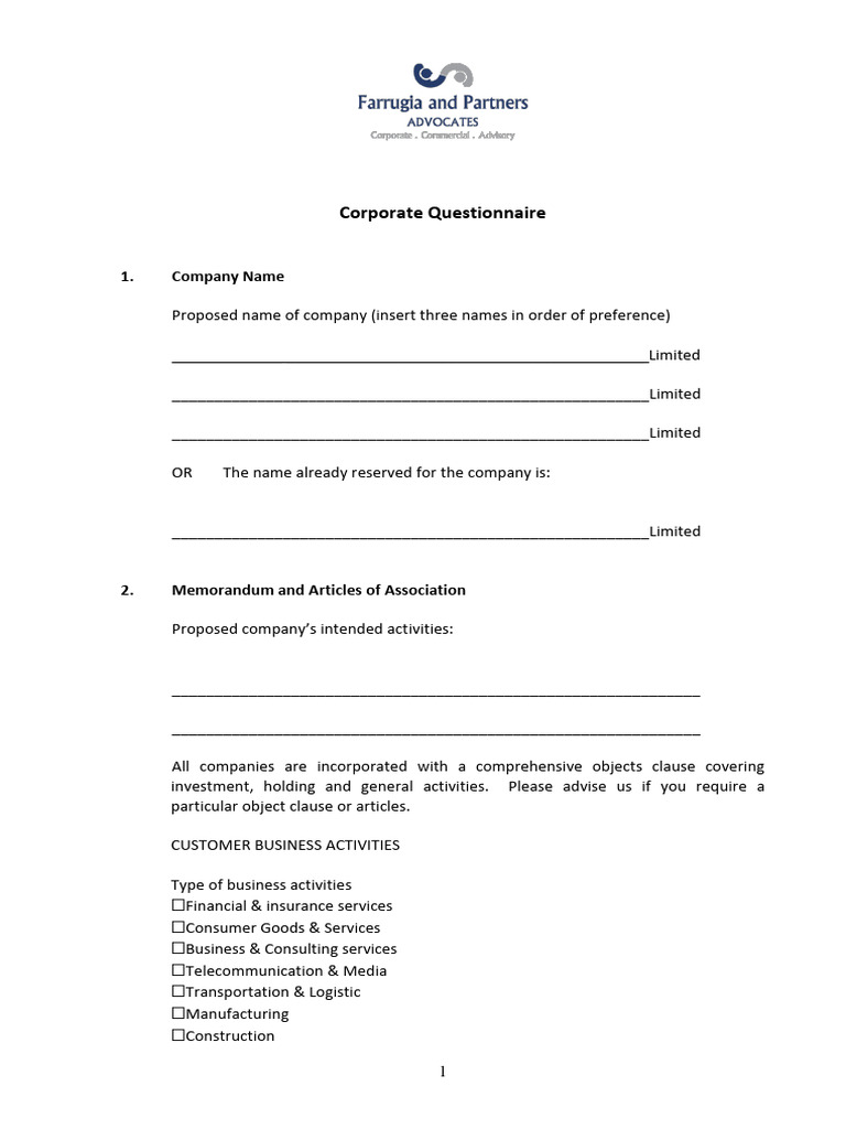 Corporate Questionnaire Farrugia & Partners | PDF | Value Added Tax | Audit