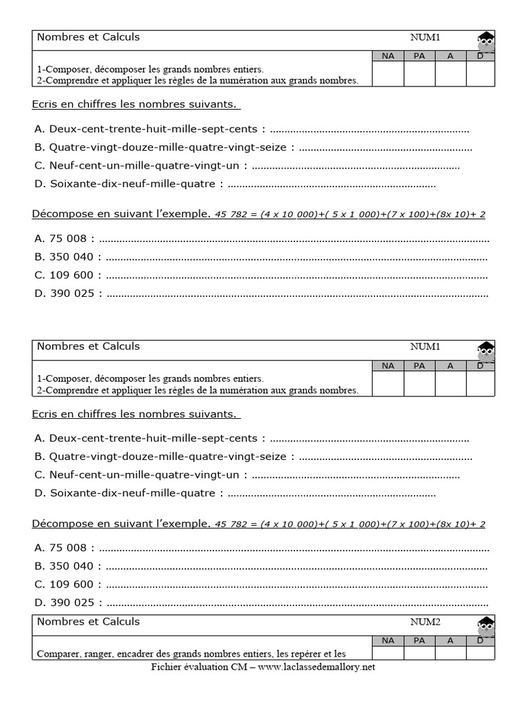 Évaluation des grands nombres CM2 | PDF | Perpendicularité | Cercle