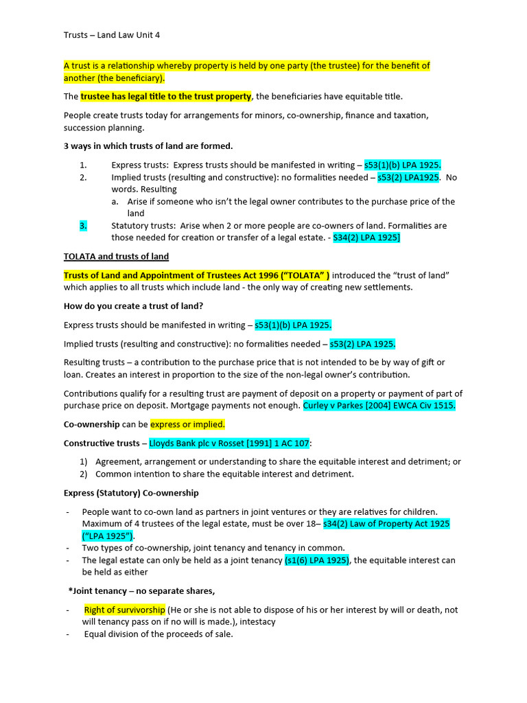 Land Law 4 - Trusts | PDF | Concurrent Estate | Trust Law