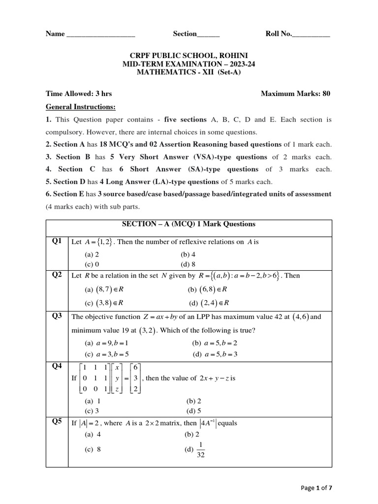 Xii Mathematics Mid Term 2023-24 (CRPF School, Delhi) | PDF | Mathematics | Mathematical Analysis