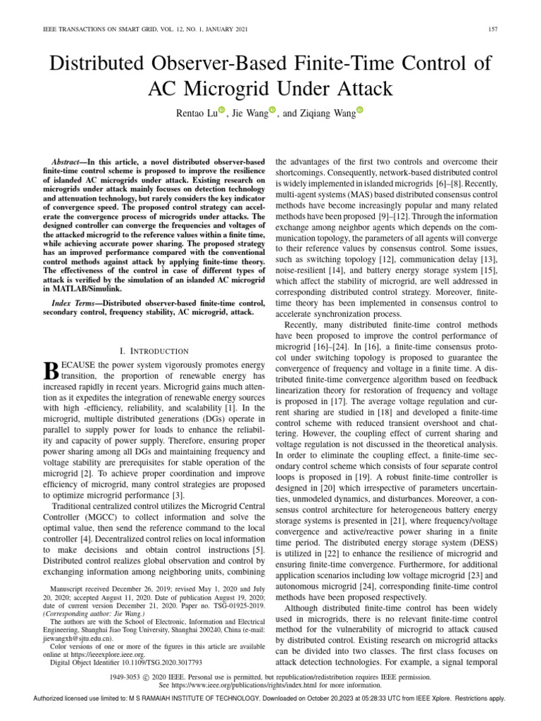 Distributed Observer-Based Finite-Time Control of AC Microgrid Under Attack | PDF | Distributed ...