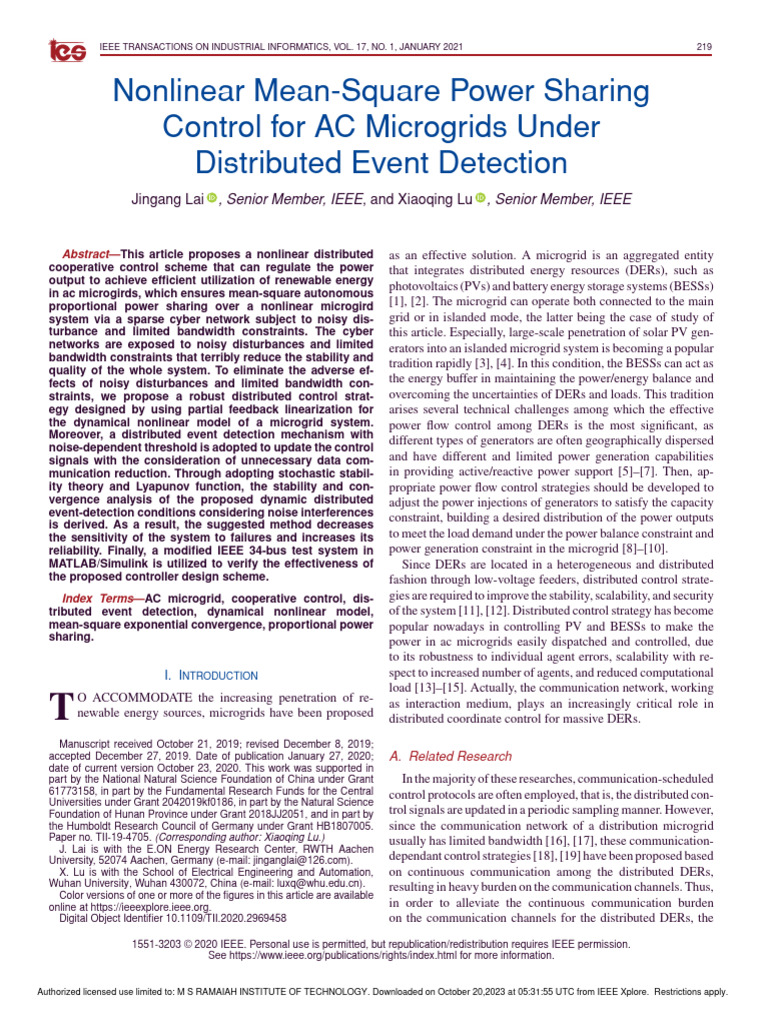 Nonlinear Mean-Square Power Sharing Control For AC Microgrids Under Distributed Event Detection ...