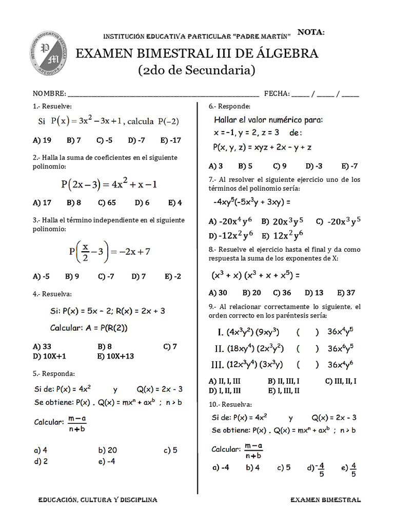 EXAMEN BIMESTRAL III ÁLGEBRA (2do Sec.) | PDF | Álgebra
