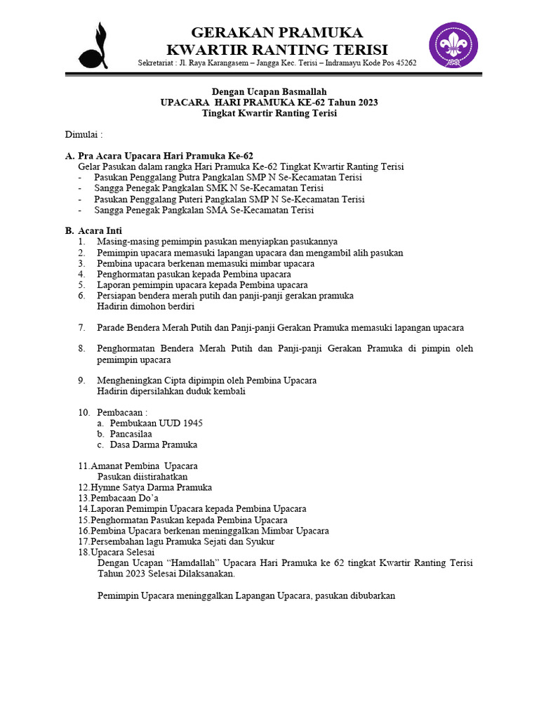 Susunan Upacara Hari Pramuka Kwarran Terisi 2023 Pdf