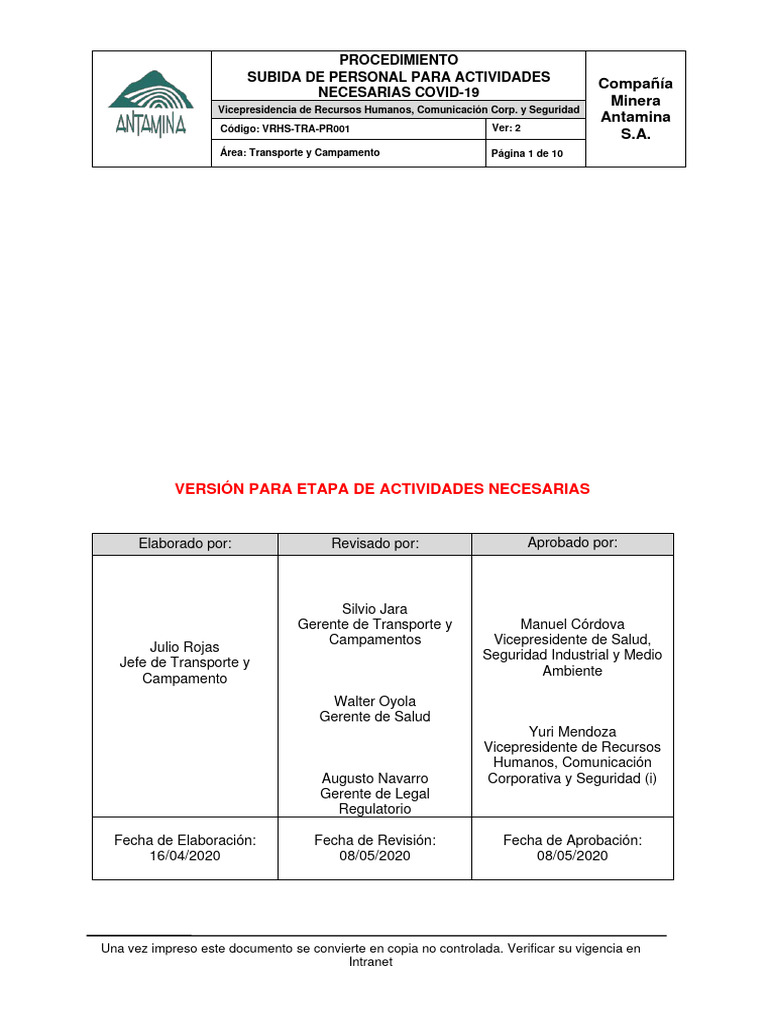 VRHS TRA PR001 Subida Del Personal para Actividades Necesarias COVID ...