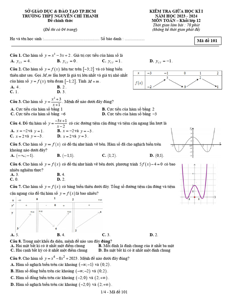 De Giua Hoc Ki 1 Toan 12 Nam 2023 2024 Truong THPT Nguyen Chi Thanh TP HCM | PDF
