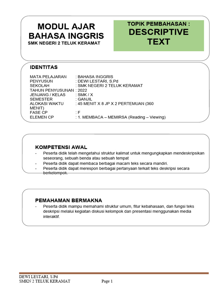 Modul Ajar Descriptive Bahasa Inggris | PDF