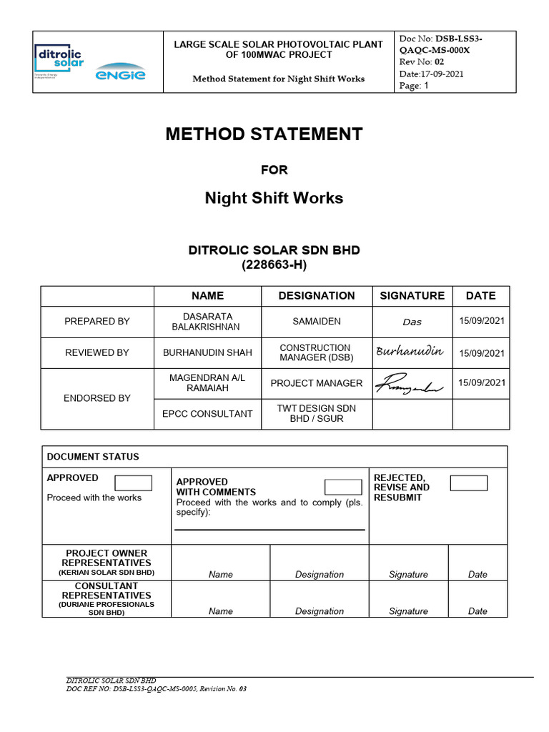 Night Shift Method Statement for Solar Project | PDF | Lighting | Shift ...